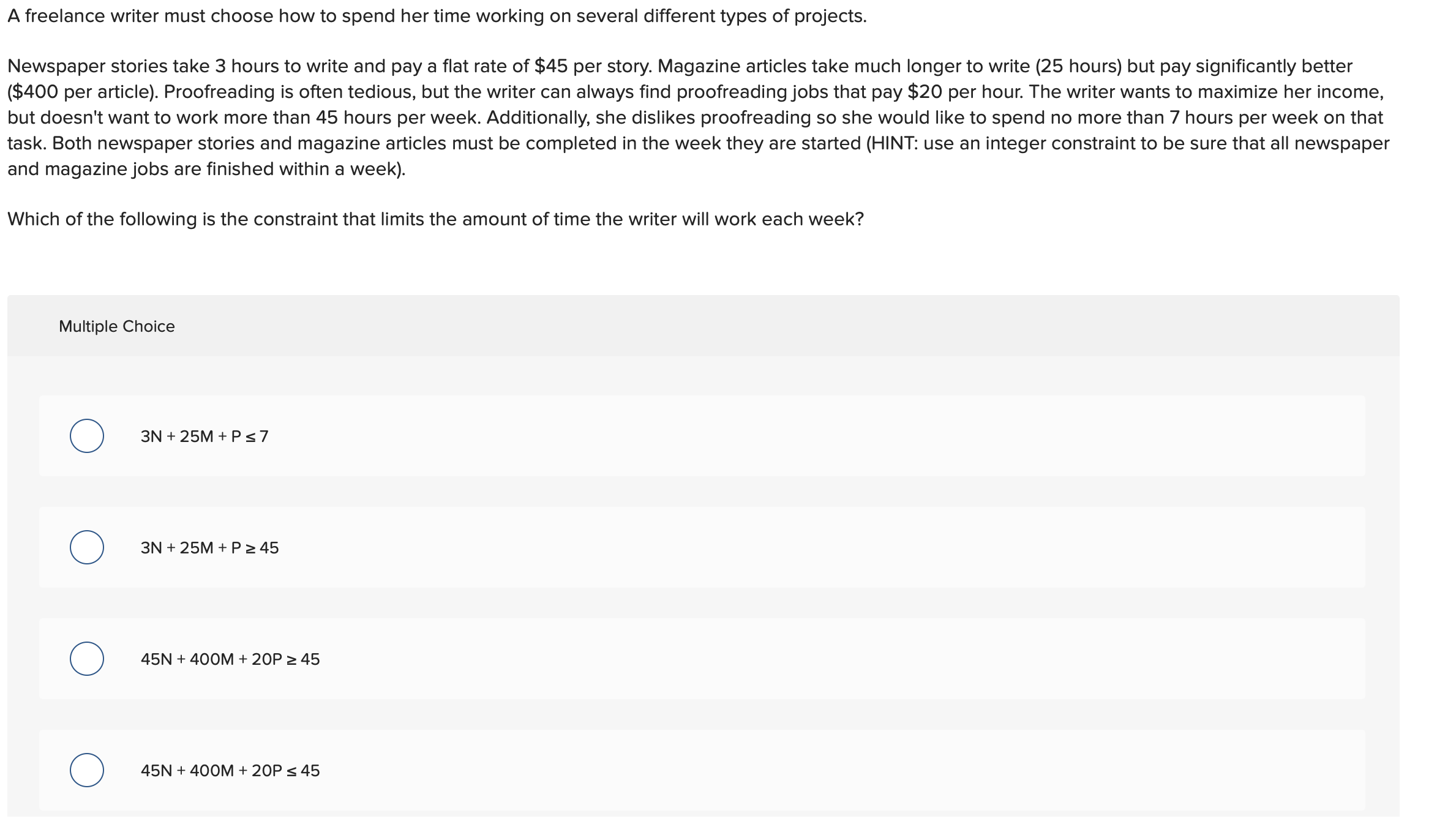 Solved A freelance writer must choose how to ﻿spend her time | Chegg.com