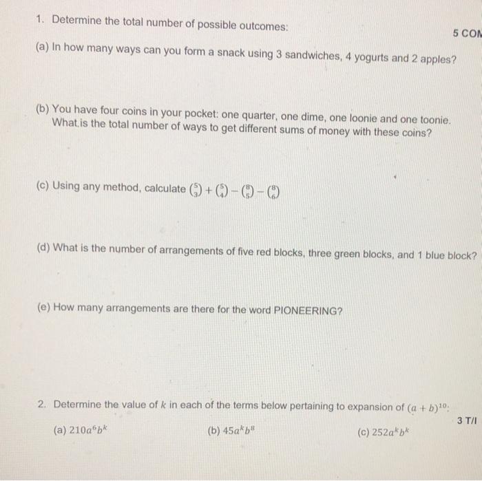 Solved 1. Determine the total number of possible outcomes: 5 | Chegg.com