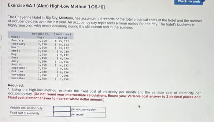 Solved Check my work Exercise 6A-1 (Algo) High-Low Method | Chegg.com