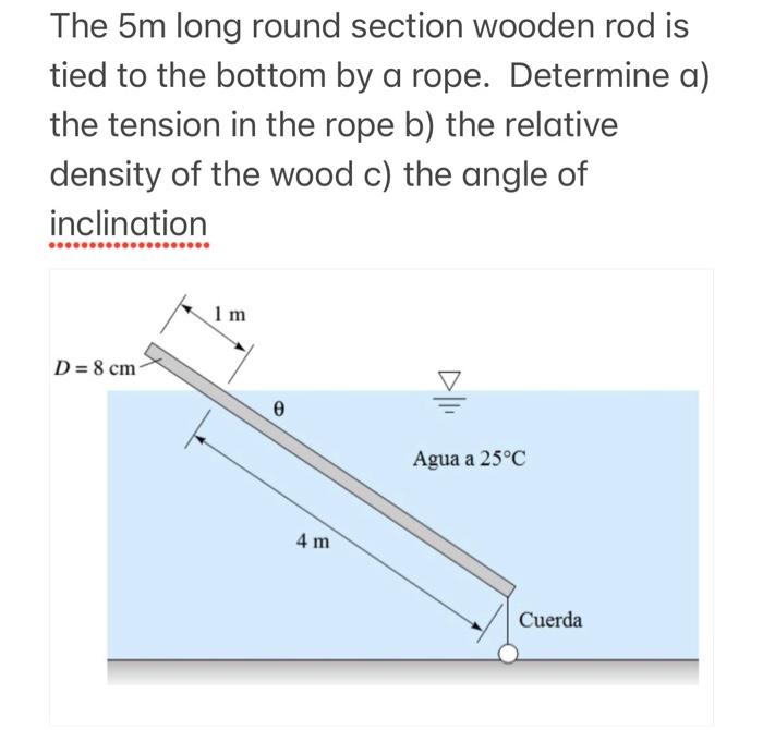 Solved The 5m long round section wooden rod is tied to the | Chegg.com