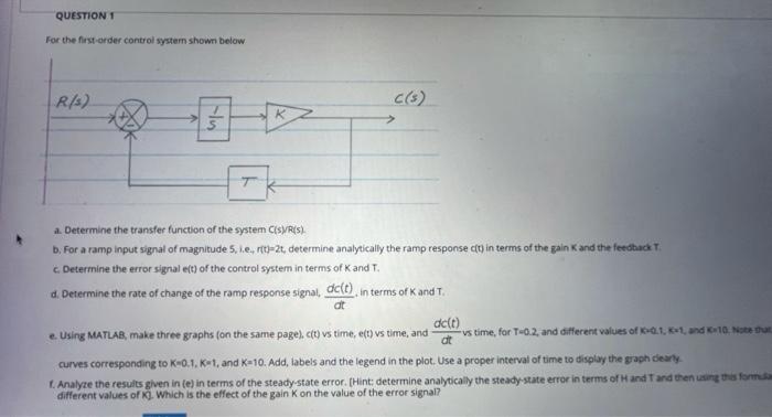 Solved QUESTIONS For the first-order control system shown | Chegg.com