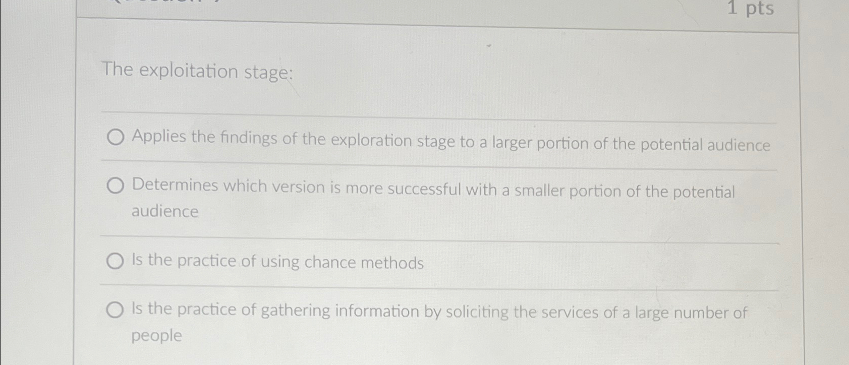 Solved 1 ﻿ptsThe exploitation stage:Applies the findings of | Chegg.com