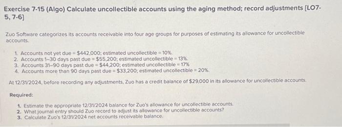 Solved Exercise 7-15 (Algo) Calculate uncollectible accounts | Chegg.com