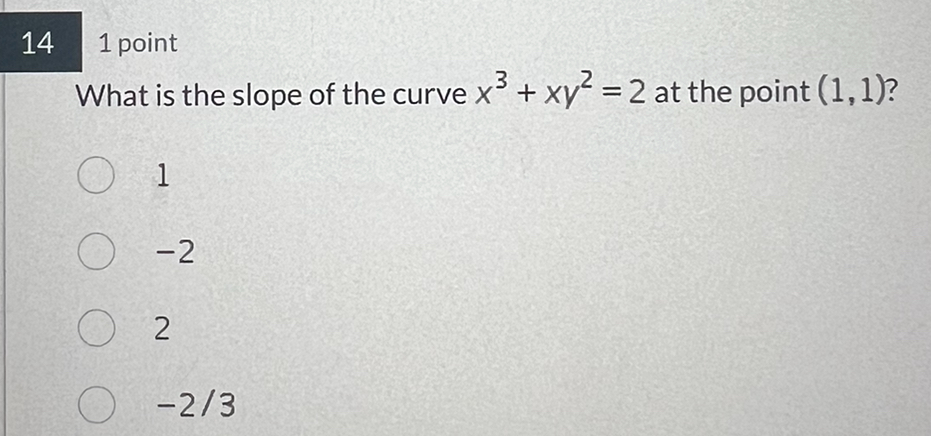 Solved 141 ﻿pointWhat is the slope of the curve x3+xy2=2 ﻿at | Chegg.com