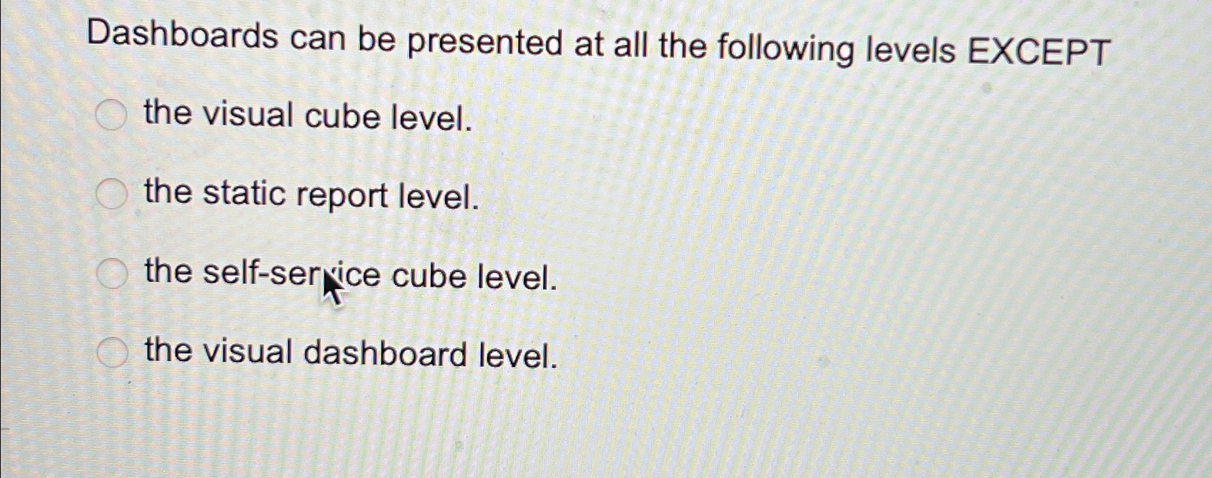 Solved Dashboards can be presented at all the following | Chegg.com