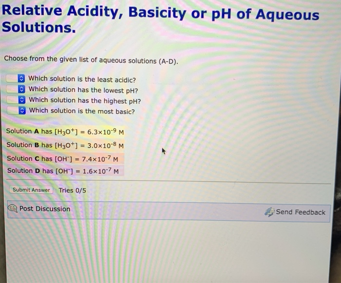 Solved Relative Acidity, Basicity or pH of Aqueous | Chegg.com