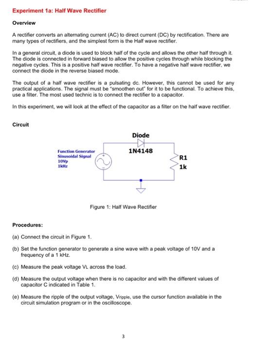 Solved Experiment 1a: Half Wave Rectifier Overview A | Chegg.com