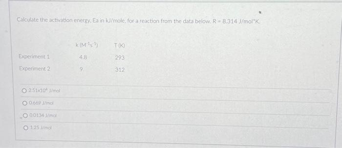 Solved Calculate the activation energy, Ea in kJ/mole, for a | Chegg.com
