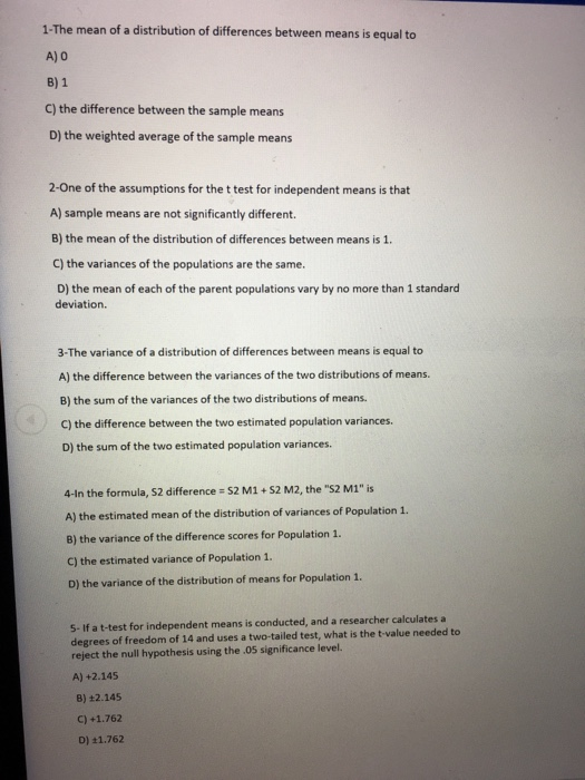Solved 1 The Mean Of A Distribution Of Differences Between Chegg