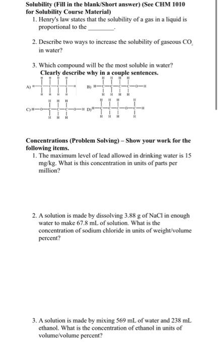 Solved Solubility (Fill in the blank/Short answer) (See CHM | Chegg.com