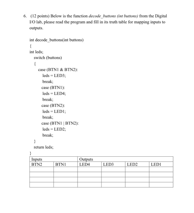 Solved 6. (12 points) Below is the function decode_buttons | Chegg.com