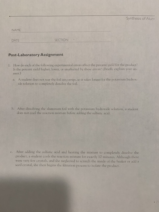 Synthesis of Alum NAME DATE SECTION Post-Laboratory | Chegg.com