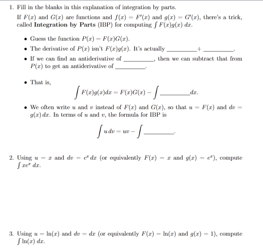 Solved Fill in the blanks in this explanation of integration | Chegg.com