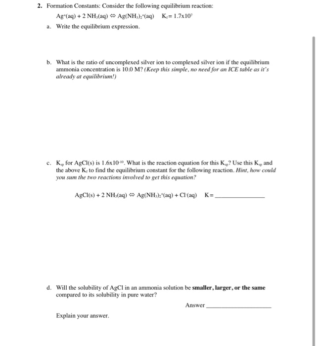 Solved 2. Formation Constants: Consider the following | Chegg.com