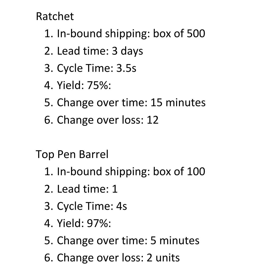 Solved Ratchet 1. In-bound shipping: box of 500 2. Lead | Chegg.com