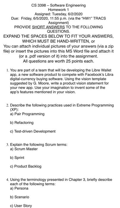CS 3398 - Software Engineering Homework 1 Assigned: | Chegg.com