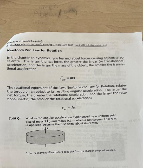 Solved Newton's 2 nd Law for Rotation In the chapter on | Chegg.com