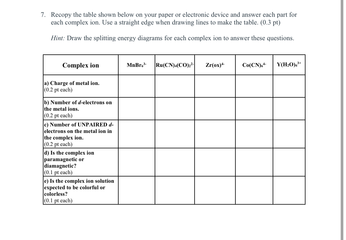 Solved Recopy the table shown below on your paper or | Chegg.com