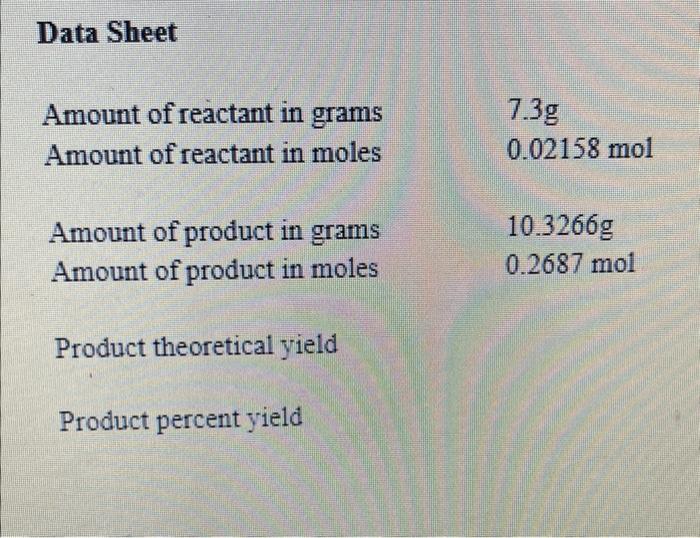 Solved Data Sheet Amount of reactant in grams Amount of | Chegg.com