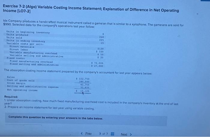 Solved Exercise 7-2 (Algo) Variable Costing Income | Chegg.com