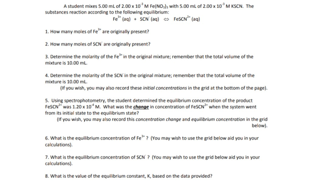 Solved A student mixes 5.00 mL of 2.00 x 10M Fe(NO3)3 with | Chegg.com