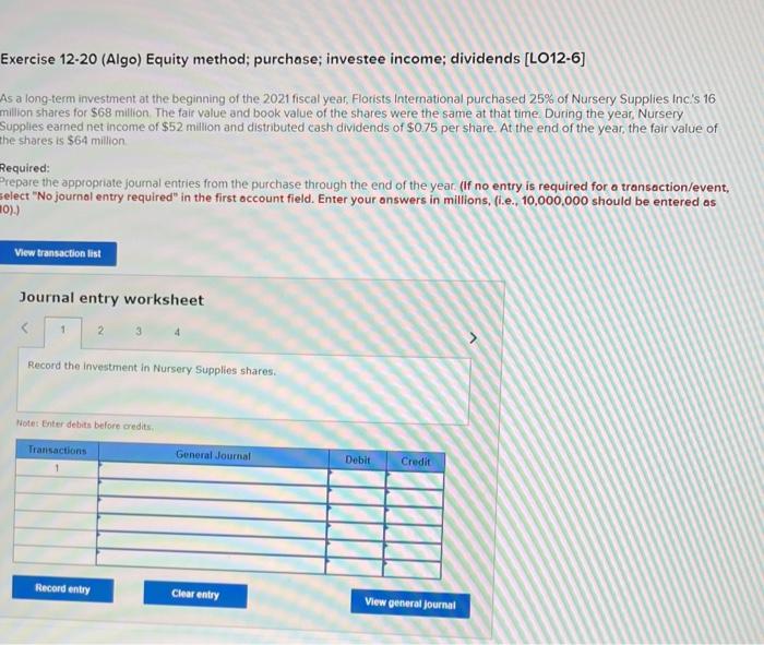 Solved Exercise 12-20 (Algo) Equity method; purchase; | Chegg.com
