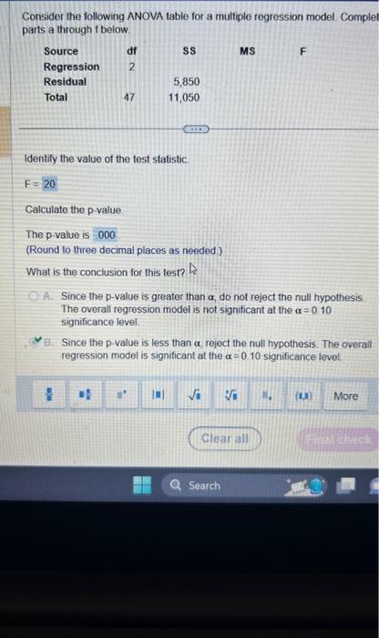 Solved Consider the following ANOVA table for a multiple | Chegg.com