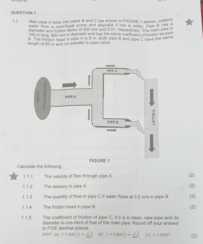 1.1 Main pipe A forks into pipes B and C (as shown in | Chegg.com