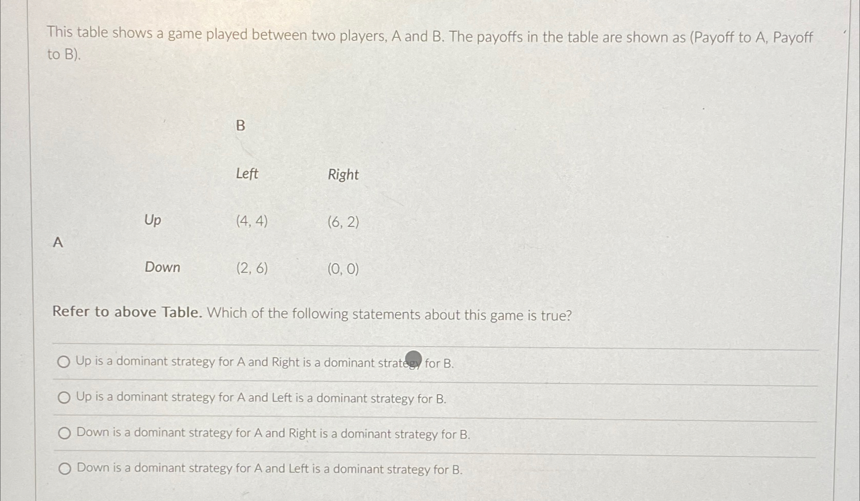 Solved This table shows a game played between two players, A | Chegg.com