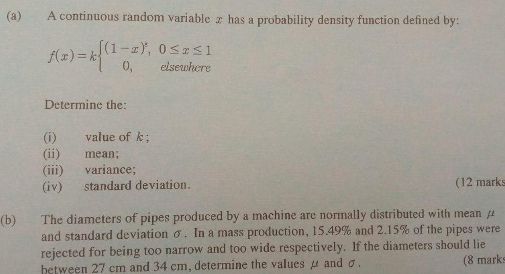 Solved a) A continuous random variable x has a probability | Chegg.com