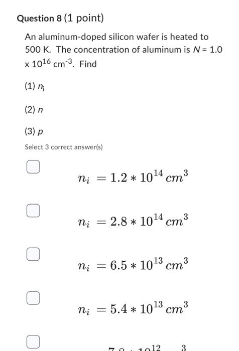 Solved Question 7 (1 point) The intrinsic carrier density of | Chegg.com