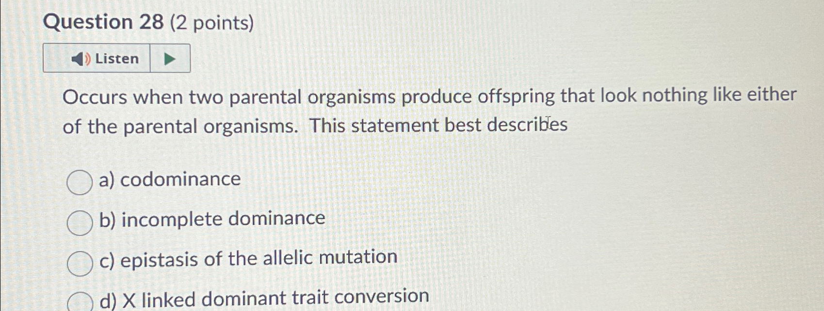 Solved Question 28 (2 ﻿points)ListenOccurs when two parental | Chegg.com