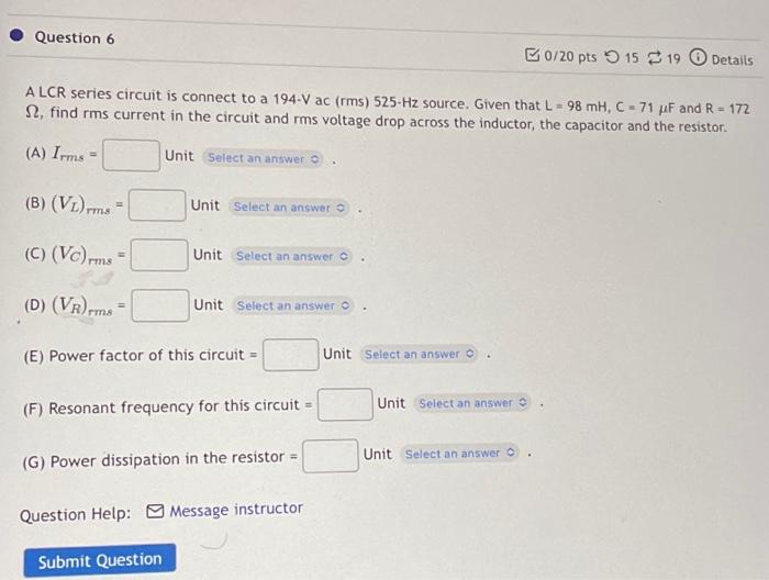 Solved A LCR series circuit is connect to a 194−V ac (rms) | Chegg.com