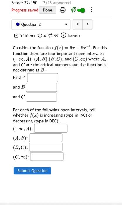 Solved Consider the function f(x)=9x+9x−1. For this function | Chegg.com