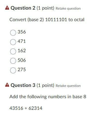 Solved Convert (base 2) 10111101 to octal 356 471 162 506 | Chegg.com