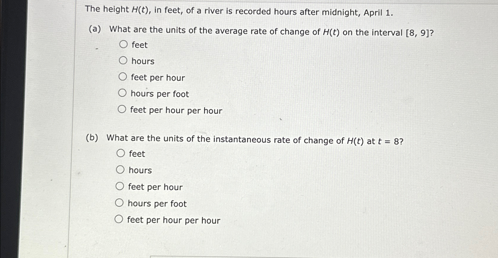 Solved The height H(t), ﻿in feet, of a river is recorded | Chegg.com