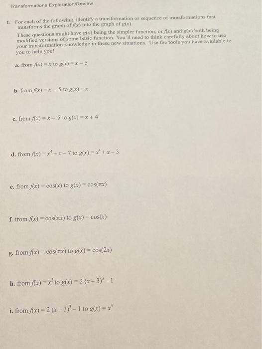 Solved Transformations Exploration Review 1. For each of the | Chegg.com