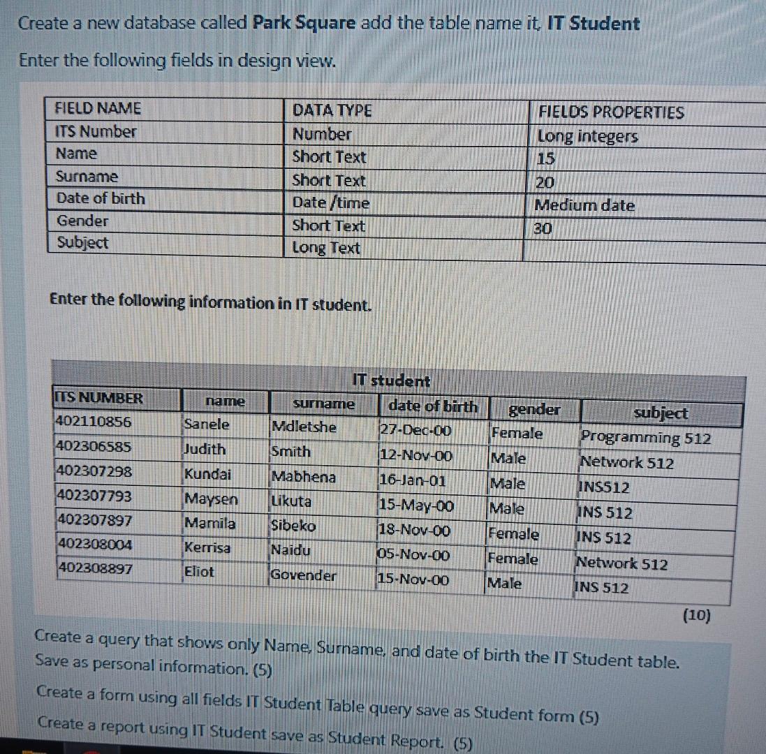 Create a new database called Park Square add the | Chegg.com