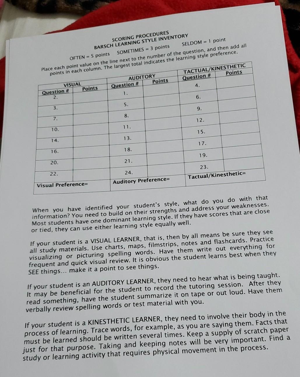 Solved NAME: DATE: BARSCH LEARNING STYLE INVENTORY (Please | Chegg.com