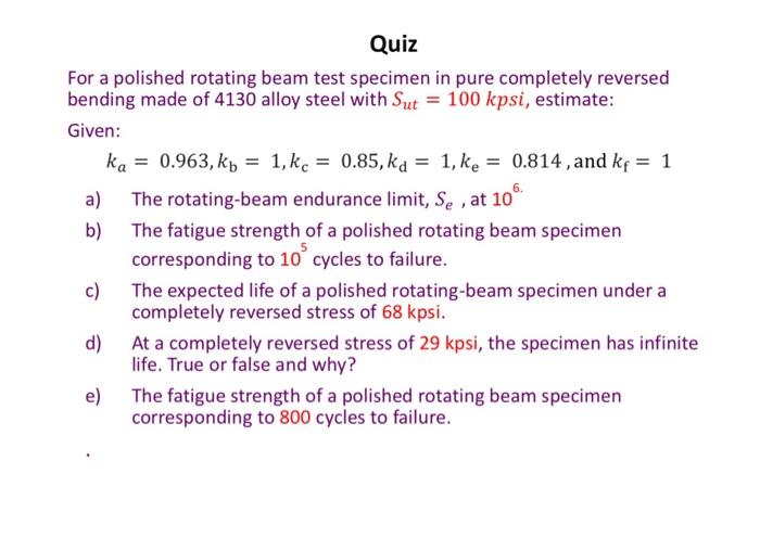 Solved Quiz For a polished rotating beam test specimen in | Chegg.com