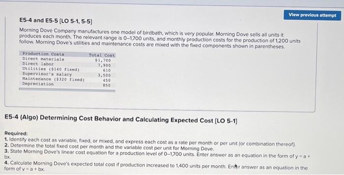Solved View previous attempt E5-4 and E5-5 [LO 5-1, 5-5) | Chegg.com