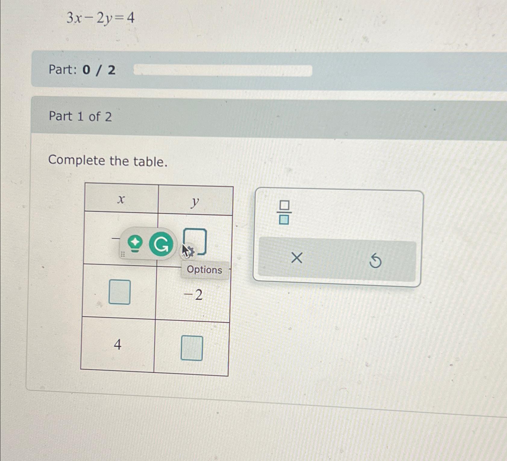 Solved 3x-2y=4Part: 02Part 1 ﻿of 2Complete the table. | Chegg.com