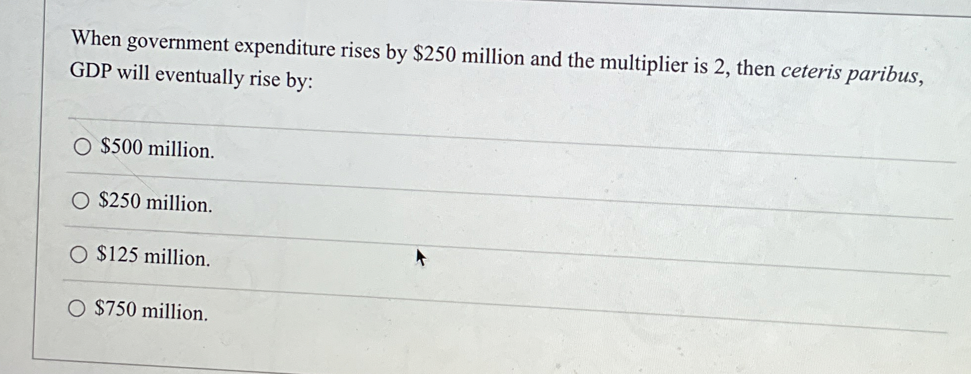 Solved When government expenditure rises by $250 ﻿million | Chegg.com