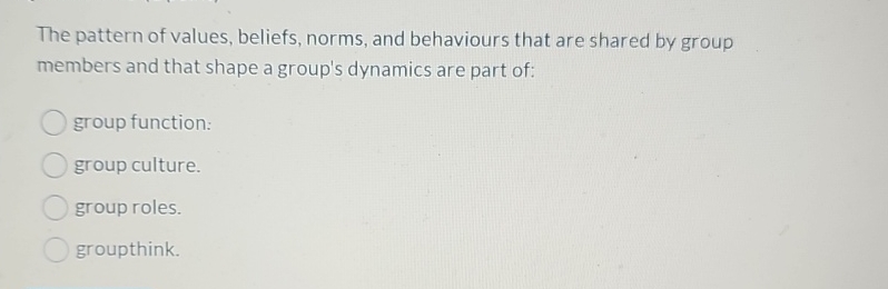 Solved The pattern of values, beliefs, norms, and behaviours | Chegg.com