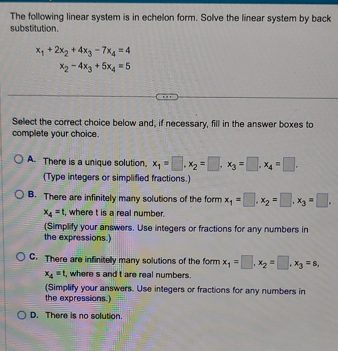 Solved The following linear system is in echelon form. Solve | Chegg.com