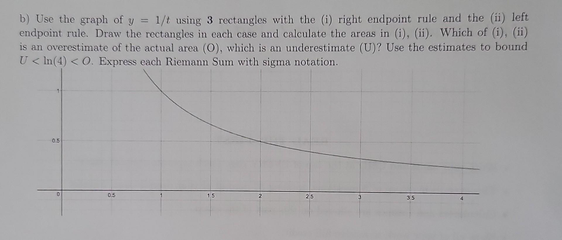 Solved b) Use the graph of y=1/t using 3 rectangles with the | Chegg.com