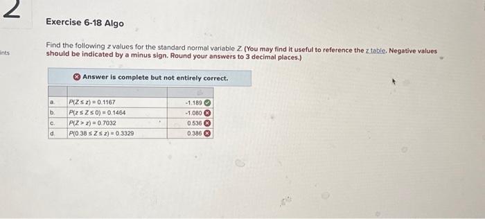 Solved ints Exercise 6-18 Algo Find the following z values | Chegg.com