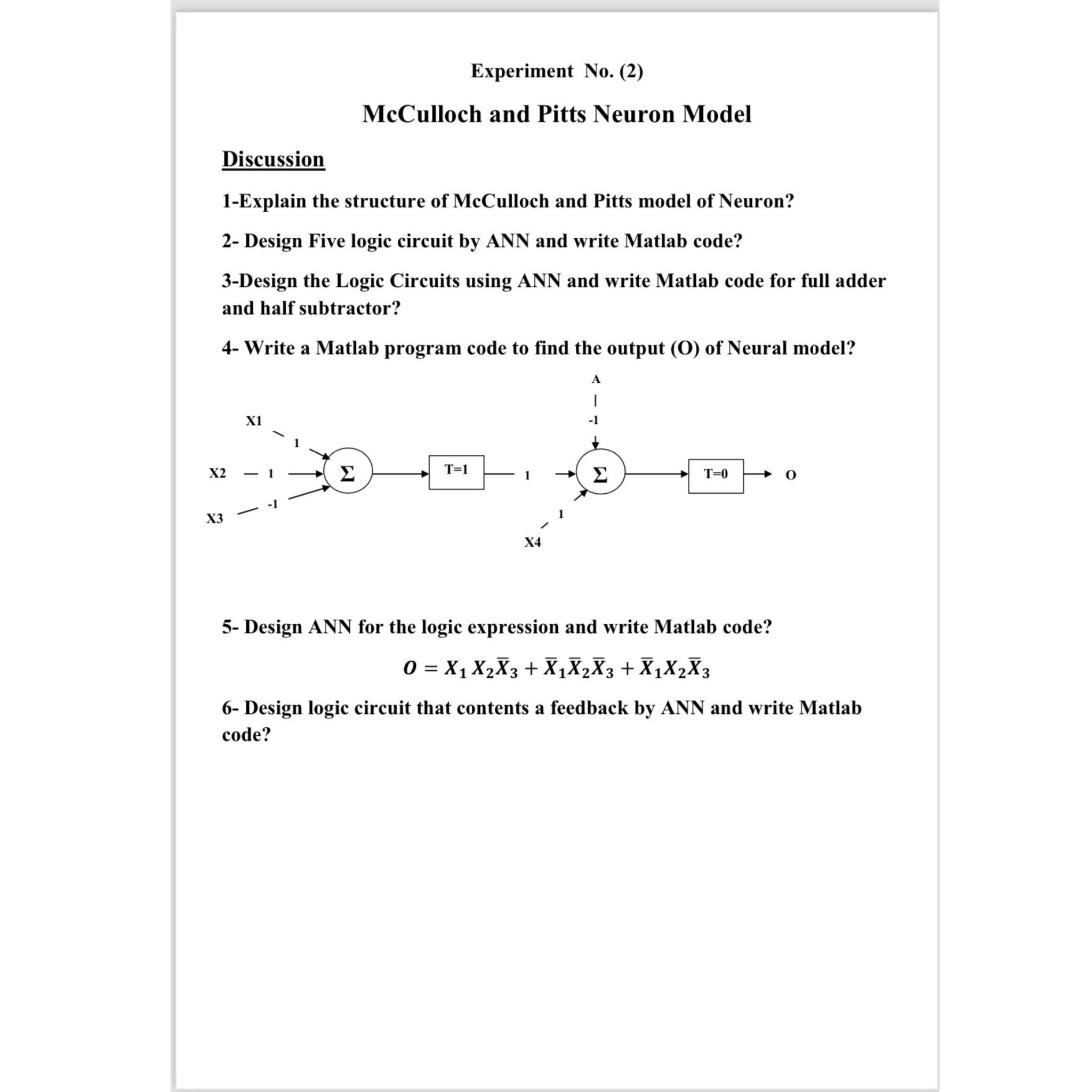 Solved Experiment No. (2)McCulloch and Pitts Neuron Model( | Chegg.com