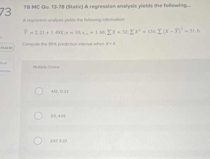 Solved TB MC Qu. 13-78 (Static) A regression analysis yields | Chegg.com