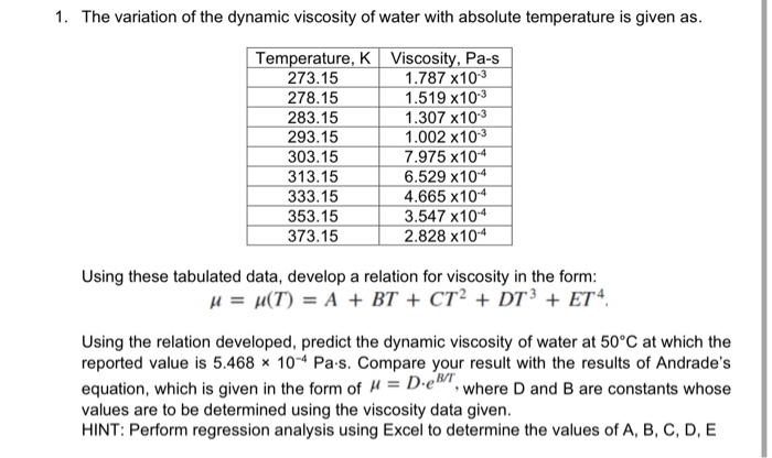 Solved 1. The variation of the dynamic viscosity of water | Chegg.com